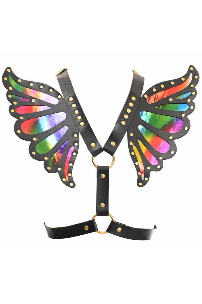Daisy Corsets Black Faux Leather & Rainbow Holo Butterfly Wing Harness ...